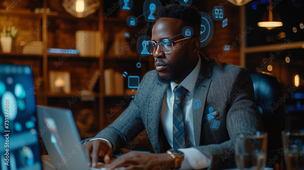 A handsome short black american project manager working on a computer ...