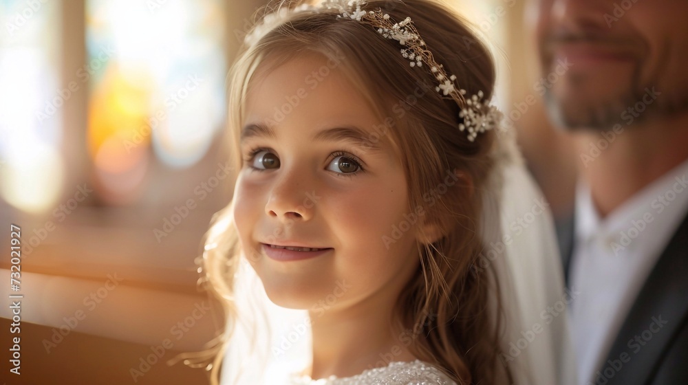 Portrait little girl on her first day of communion on church with her ...