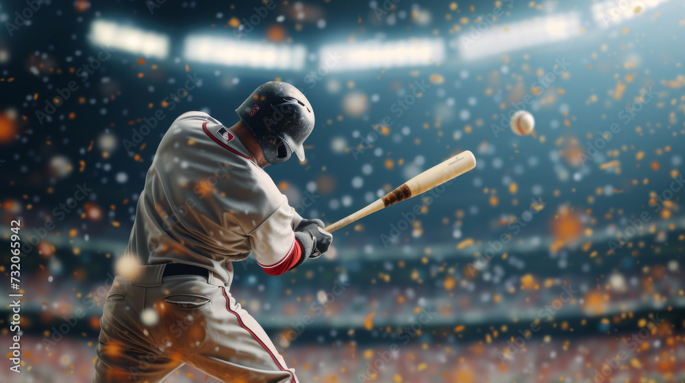 Intense moment as a baseball player in mid-swing connects with a ball ...