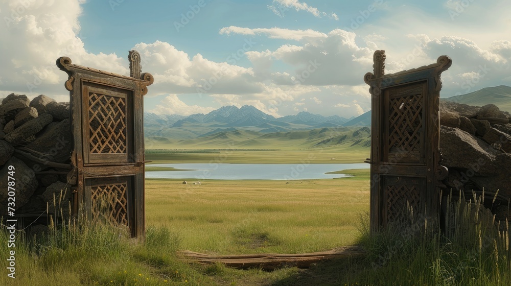 Mongolian landscapes through a frame within a frame composition, where ...