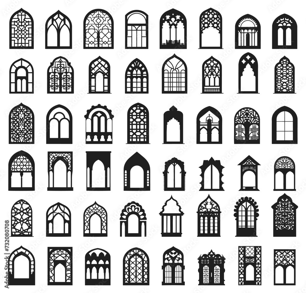 Oriental windows silhouettes. Islamic mosque window shapes, arabic arch ...