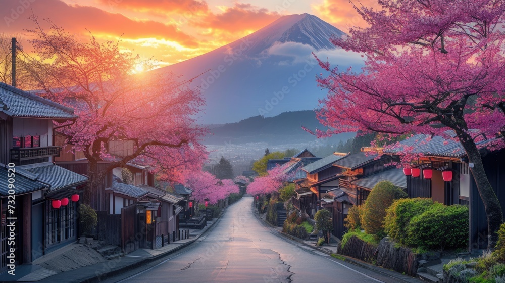 countryside japan with blooming cherry blossoms and traditional ...