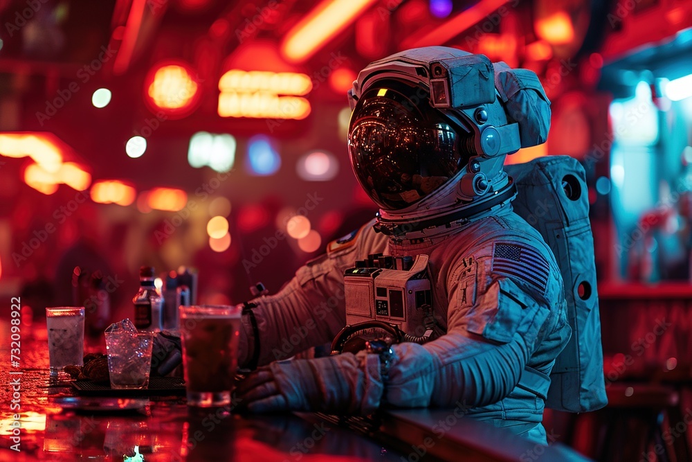 astronaut in a white spacesuit and helmet with a drink at the counter ...