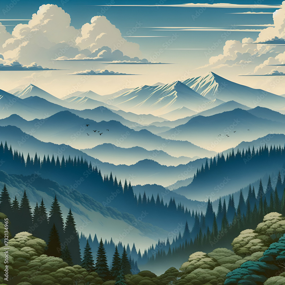 Romantic Japanese-Style Illustration of Mountains, Forest, & Hilly ...