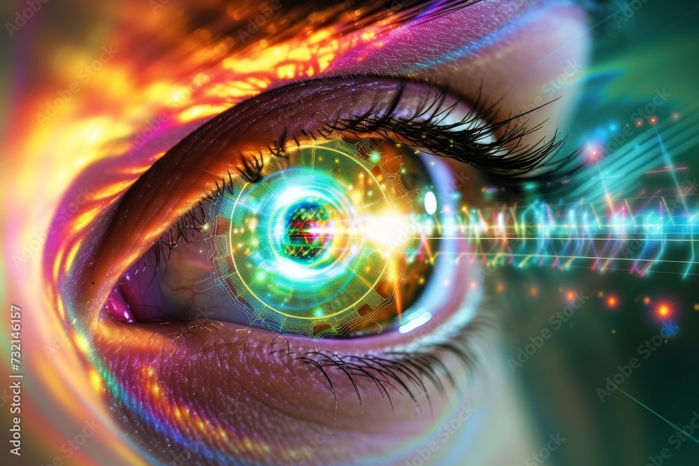 Ilustración de Stock Human Cyborg AI Eye Alpha agonist eye drop. Eye ...