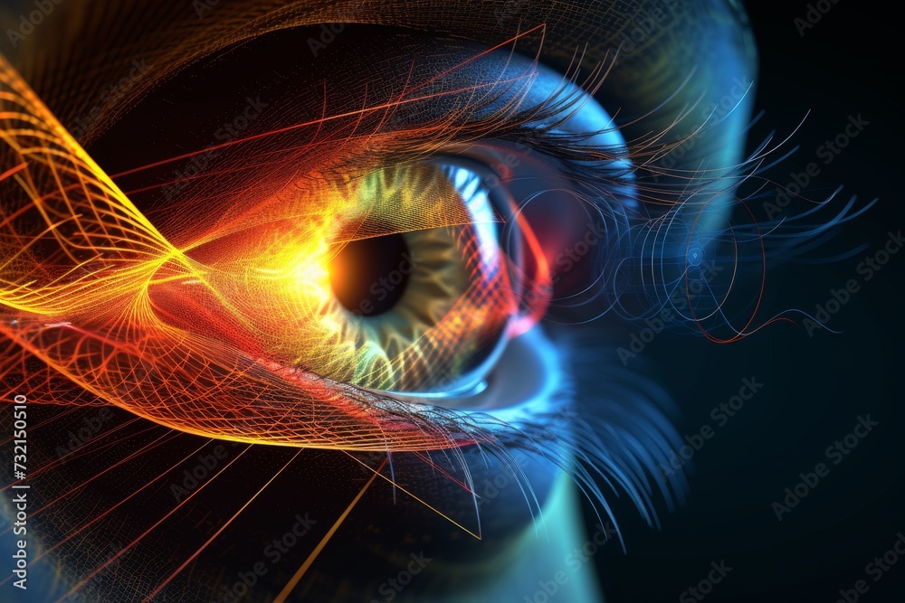 Ilustrace Human Cyborg AI Eye scotopic vision. Eye element optic nerve ...