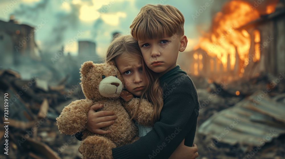 Desperate Poor Afraid Child boy and girl crying Standing holding Old ...