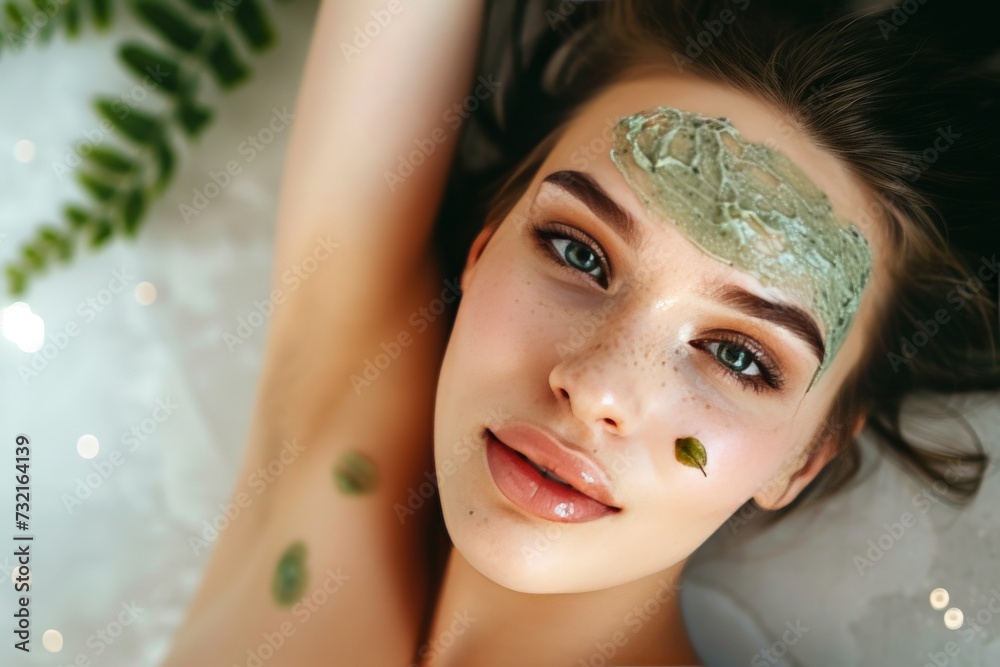 Skincare Model repairing cream. Beautiful Woman uses face cream, ample ...