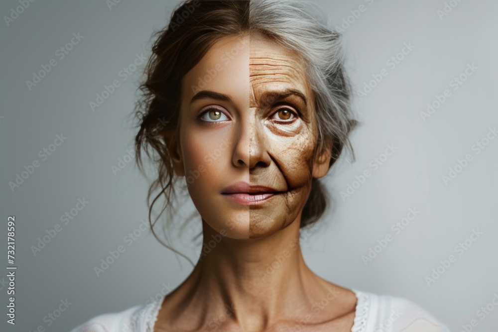Aging chemical peel. Comparison young to old woman poor nutrition. Less ...