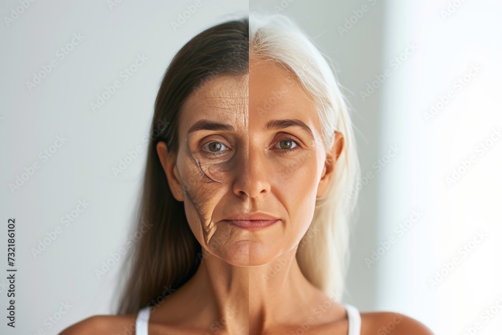 Aging thinking. Comparison young to old woman wrinkle reduction. Less ...