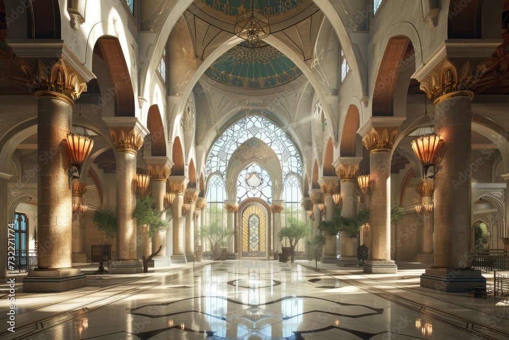 Beautiful Islamic style mosque interior. The mosque is decorated with ...