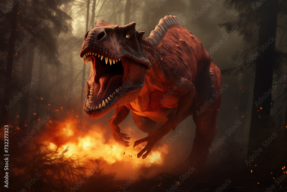 T Rex Dinosaur Screaming and Running in a Forest full of Fire and ...