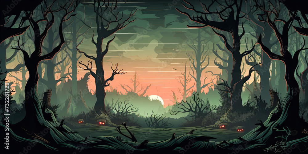 Cartoon spooky forest, scary woods graphic resource, retro vintage ...