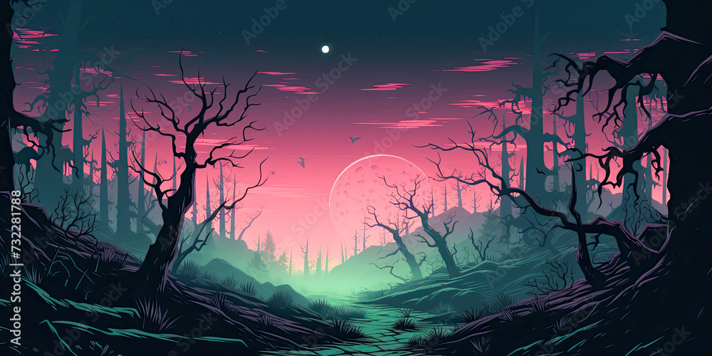 Cartoon spooky forest, scary woods graphic resource, retro vintage ...