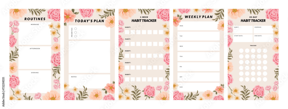Collection of floral planner template for daily notepad, weekly ...