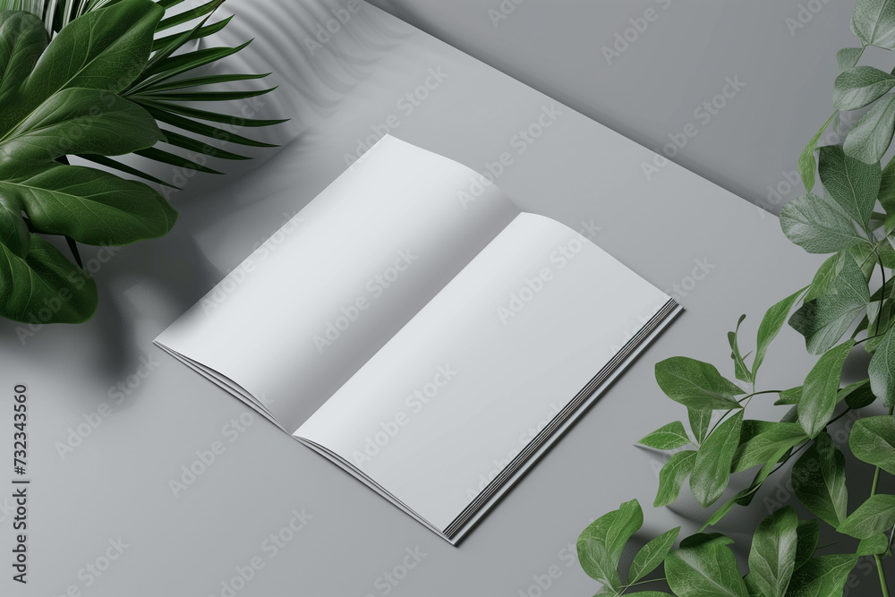 open book or presentation with blank sheets in a frame of leaves on a ...