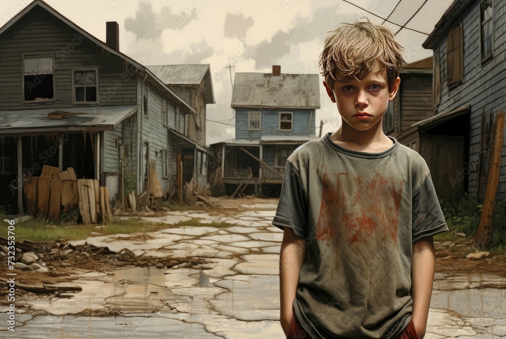 Courageous Little boy standing in poor neighborhood. Sad child living ...