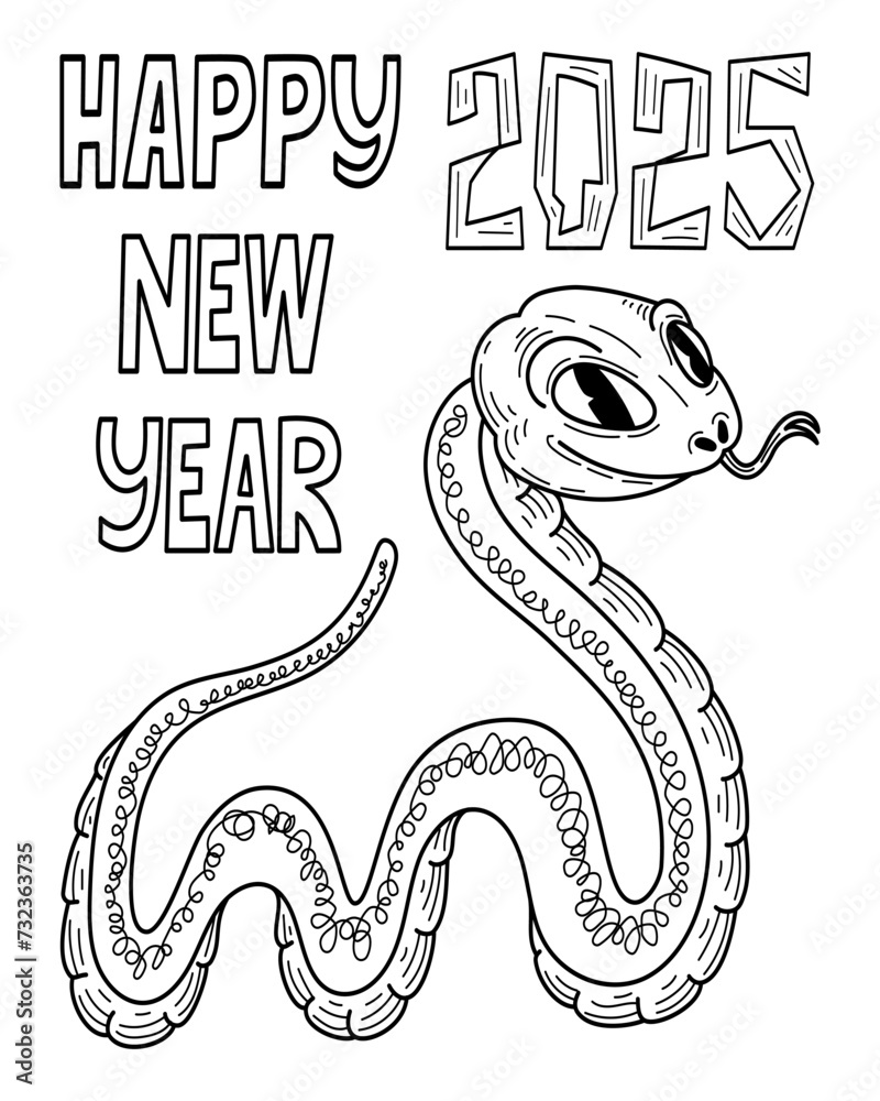 New Year 2025 snake coloring page. Hand drawn sketch illustration for ...