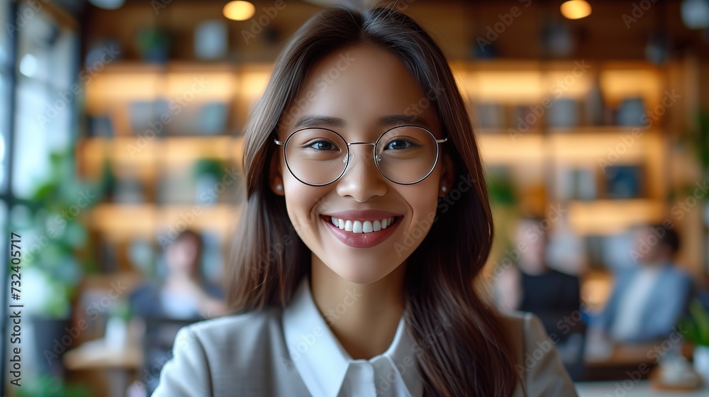 Smiling young Asian businesswoman wearing glasses in a modern office setting, embodying ...
