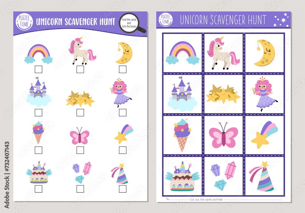 Vector unicorn scavenger hunt cards set. Seek and find game with cute ...