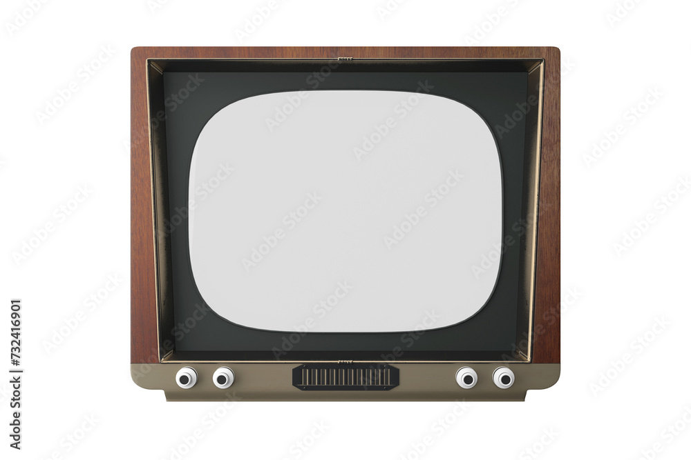 Classic television set, blank screen, wooden frame, isolated on white ...