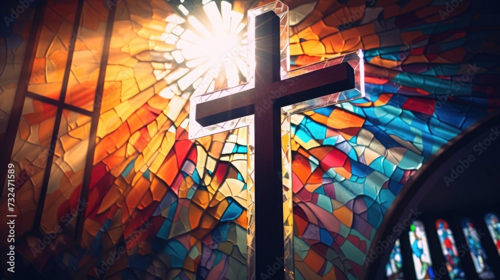 stained glass window with Christian cross, religious symbol. prayer in ...