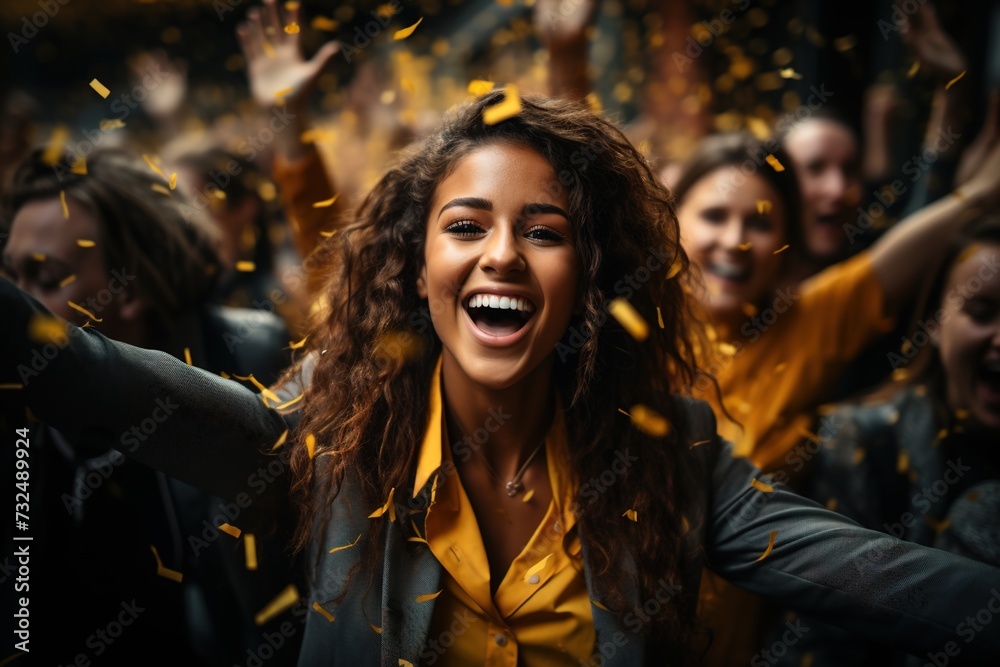 Amidst a shower of confetti, a diverse group of employees celebrates ...