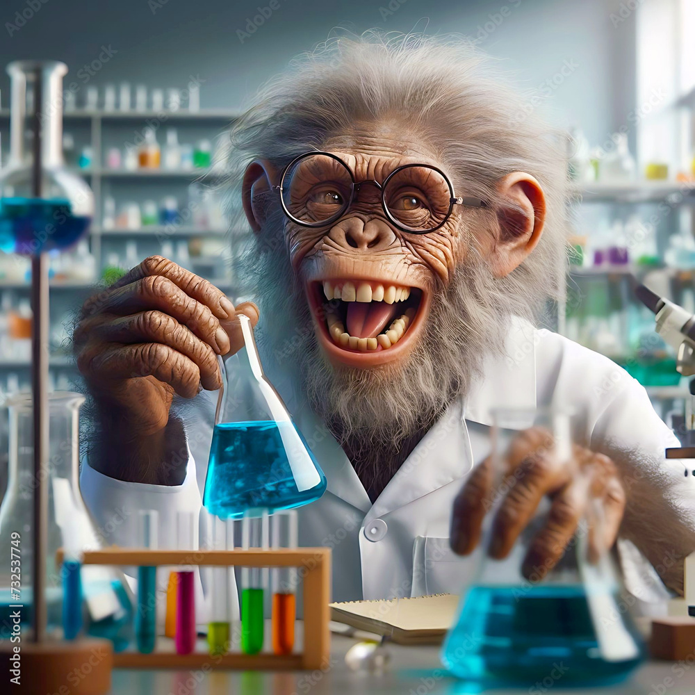 Happy laughing disheveled prehistoric man Australopithecus as scientist ...