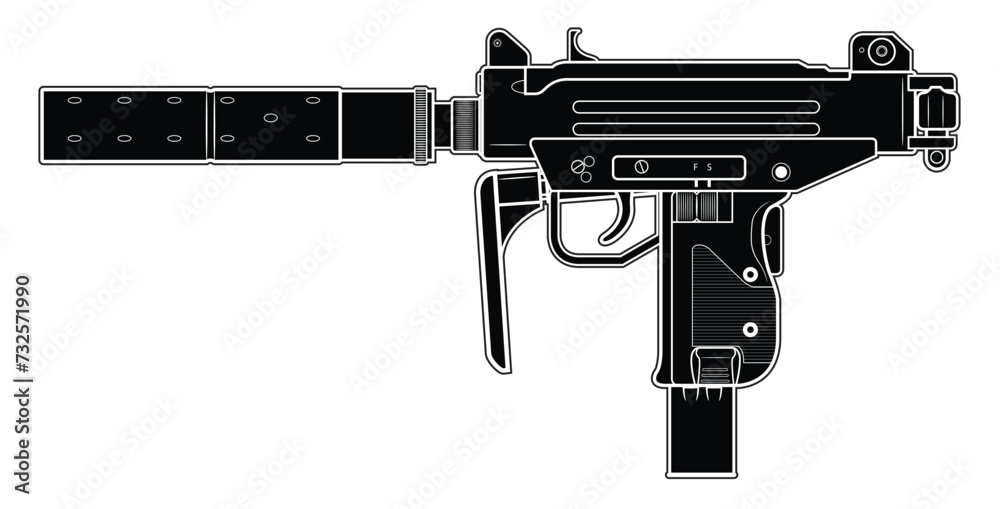 Vector illustration of the MICRO UZI israel machine gun with folded ...