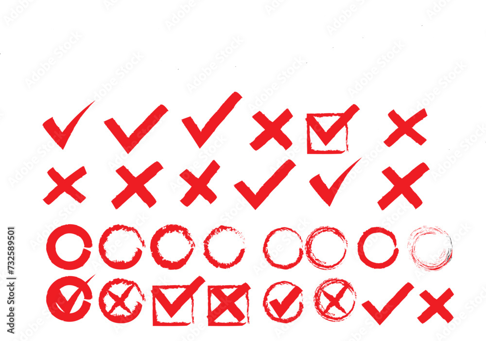 Set hand drawn check mark, tick and cross brush signs, checkmark OK and ...