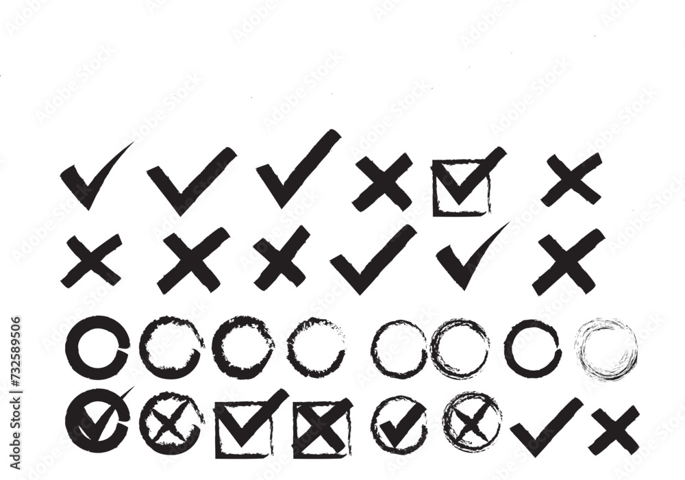 Stock-Vektorgrafik „Set hand drawn check mark, tick and cross brush signs, checkmark OK and X ...