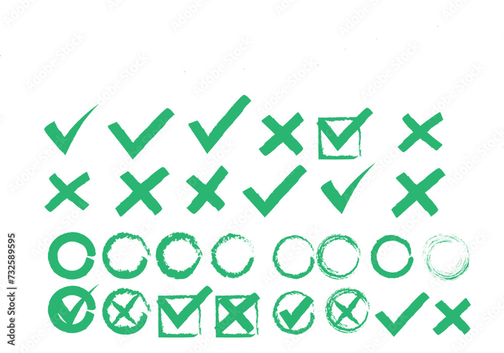 Stock-Vektorgrafik „Set hand drawn check mark, tick and cross brush ...