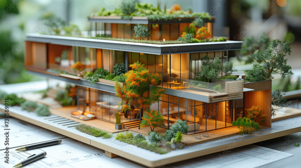 Sustainable building architecture model with blueprints, energy ...