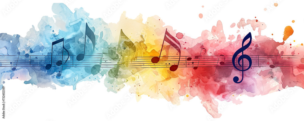 Watercolor splashes with fluid, dynamic musical notes, isolated on a ...