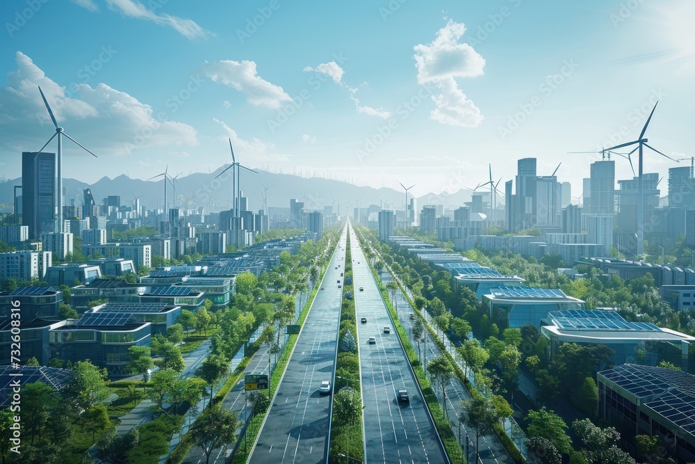 Visionary Green Cityscape with Renewable Energy. Futuristic cityscape, all buildings equipped ...