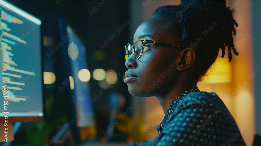 Black Female Developer Coding Intently On Her Computer. Encouraged Women From Different ...