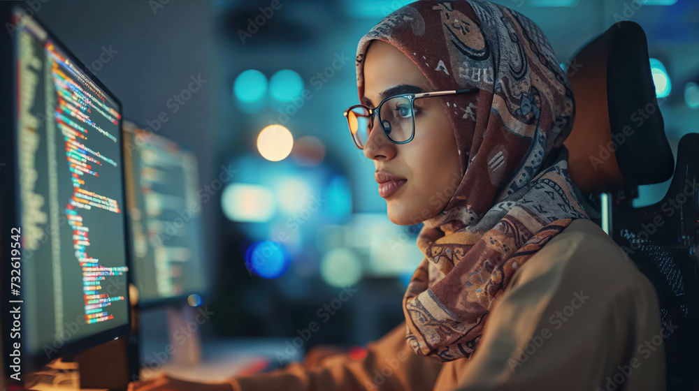 Arab Female Developer Coding Intently On Her Computer. Encouraged Women ...