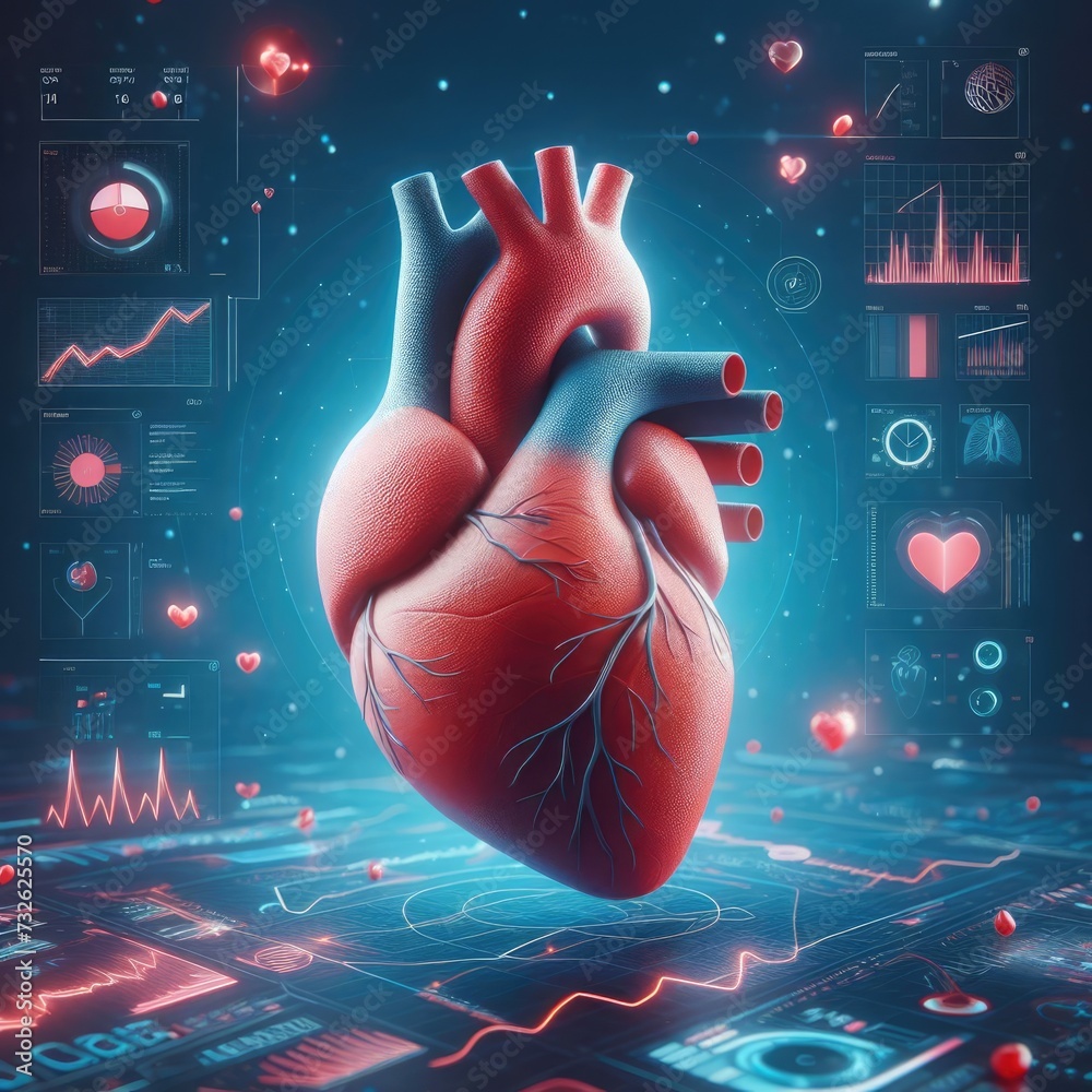 Diagram showing human heart 3d renders realistic anatomy. human organ ...