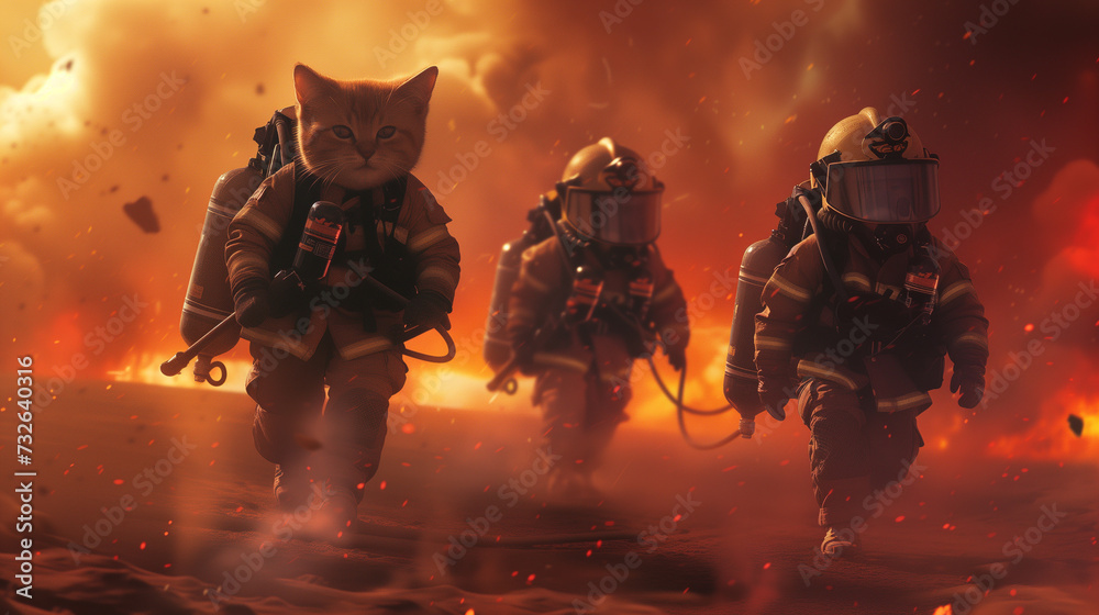kitten firefighters walking towards a massive fire. They are wearing ...