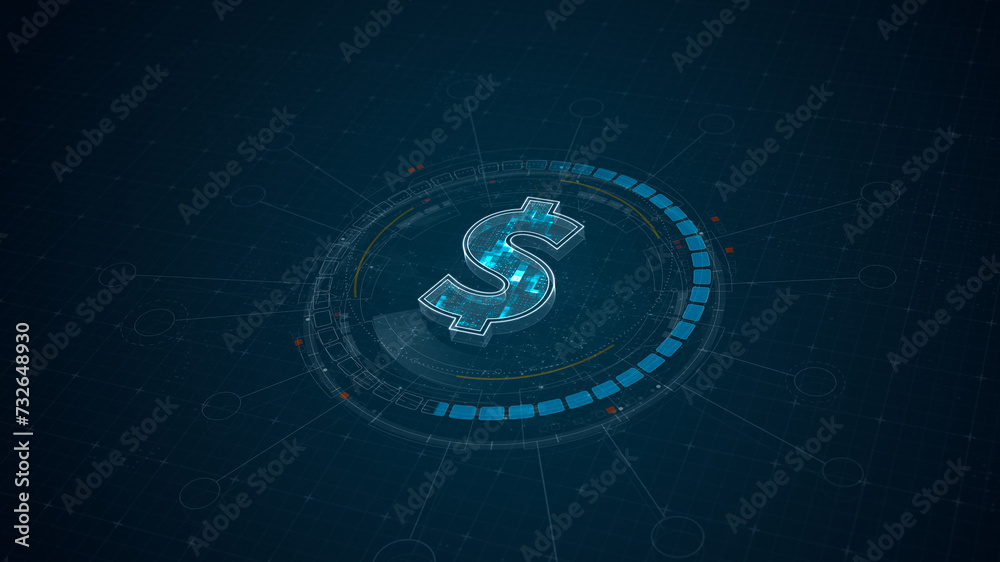 Blue digital money logo with 3D rotation HUD UI circle technology ...