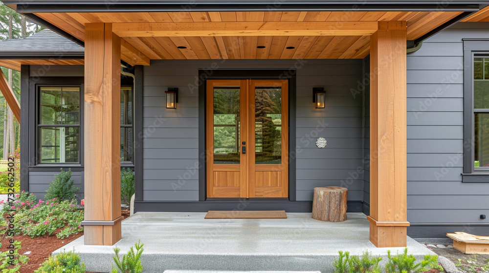 Grey Modern Farmhouse Exterior Design With Glass-Enclosed Front Door ...