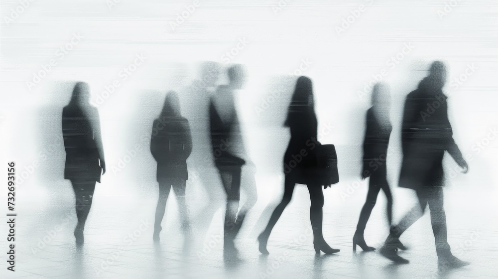 Walking people blurred silhouettes on a white background. Motion ...