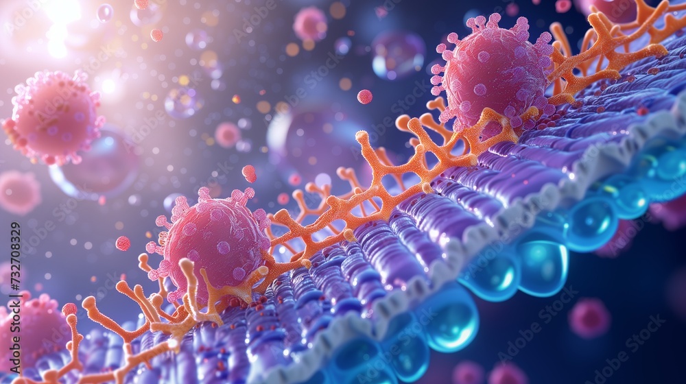 spherical viruses engaging with a cell's lipid membrane against a dark ...