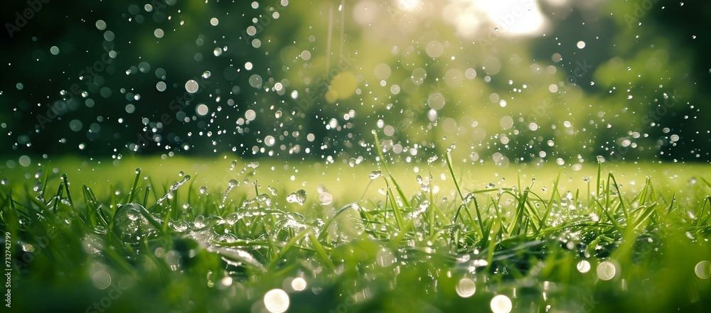 Raindrops glistening on fresh green grass. peaceful summer rain in the ...