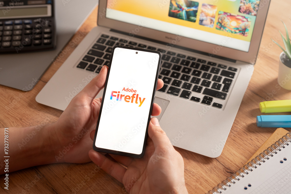 Adobe Firefly logo on screen. AI Art Generator Stock Photo | Adobe Stock