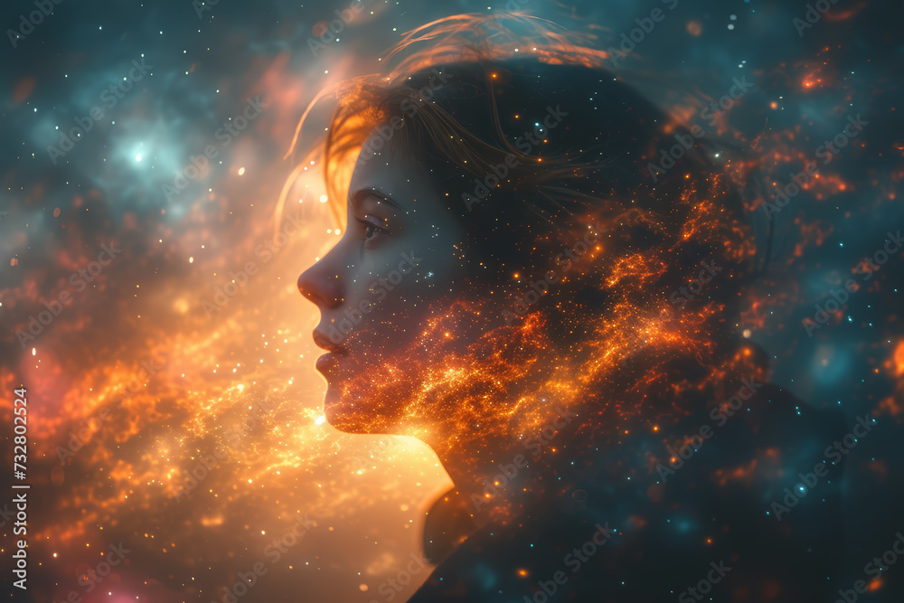 An artistic image of a person's silhouette against a backdrop of cosmic ...