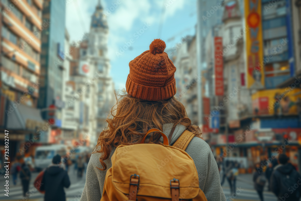 A vertical street photography shot, capturing the bustle and height of ...