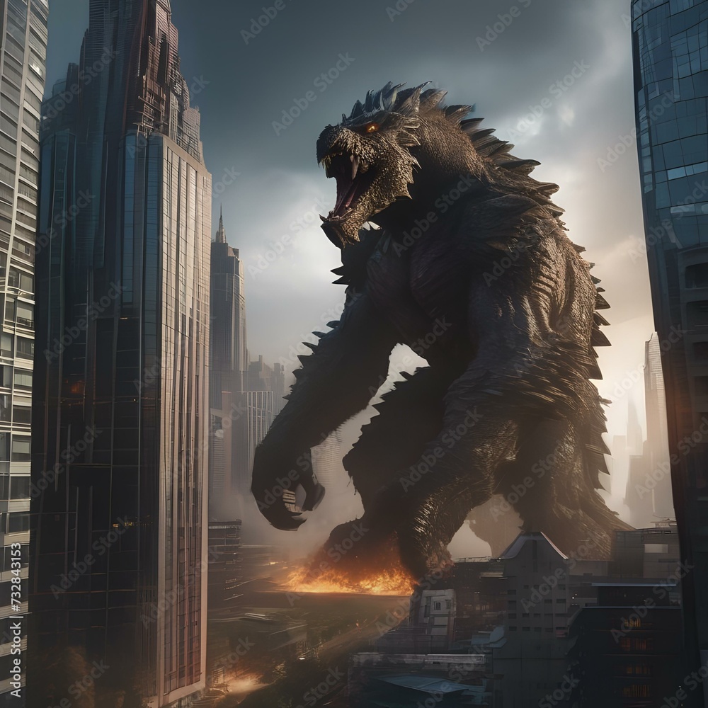 Giant monster rampage, Colossal monster wreaking havoc upon a city ...