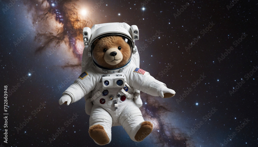 Teddy bear astronaut wearing a tiny space suit floating in space and ...