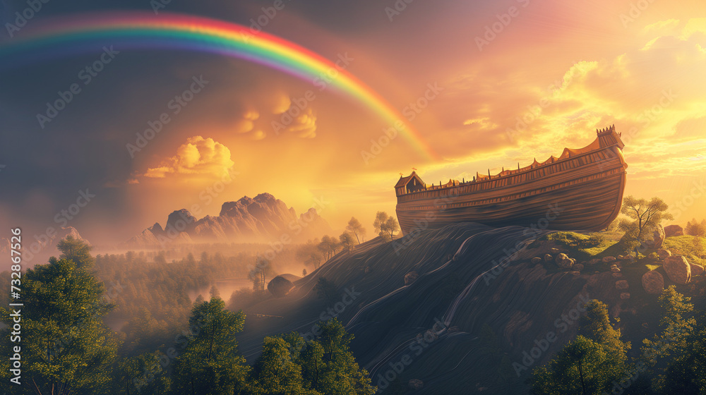 Noahs Ark Boat Rests on Green Hillside with Rainbow in Sky Stock Photo ...